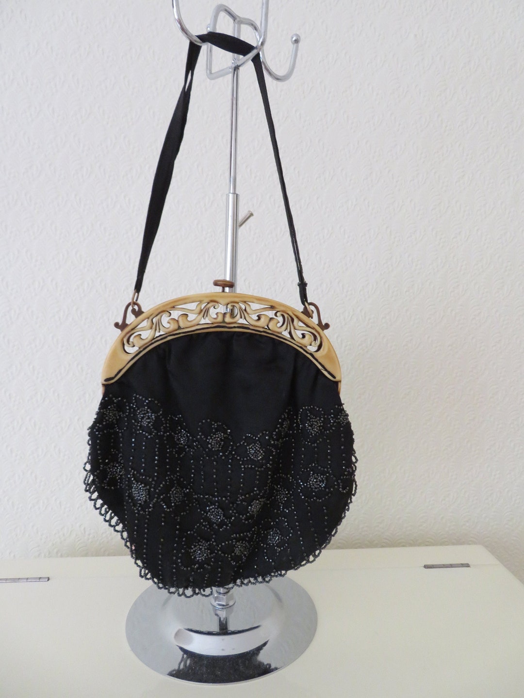 Authentic Art Deco Black Beaded Silk & Cream Celluloid/bakelite/lucite ...