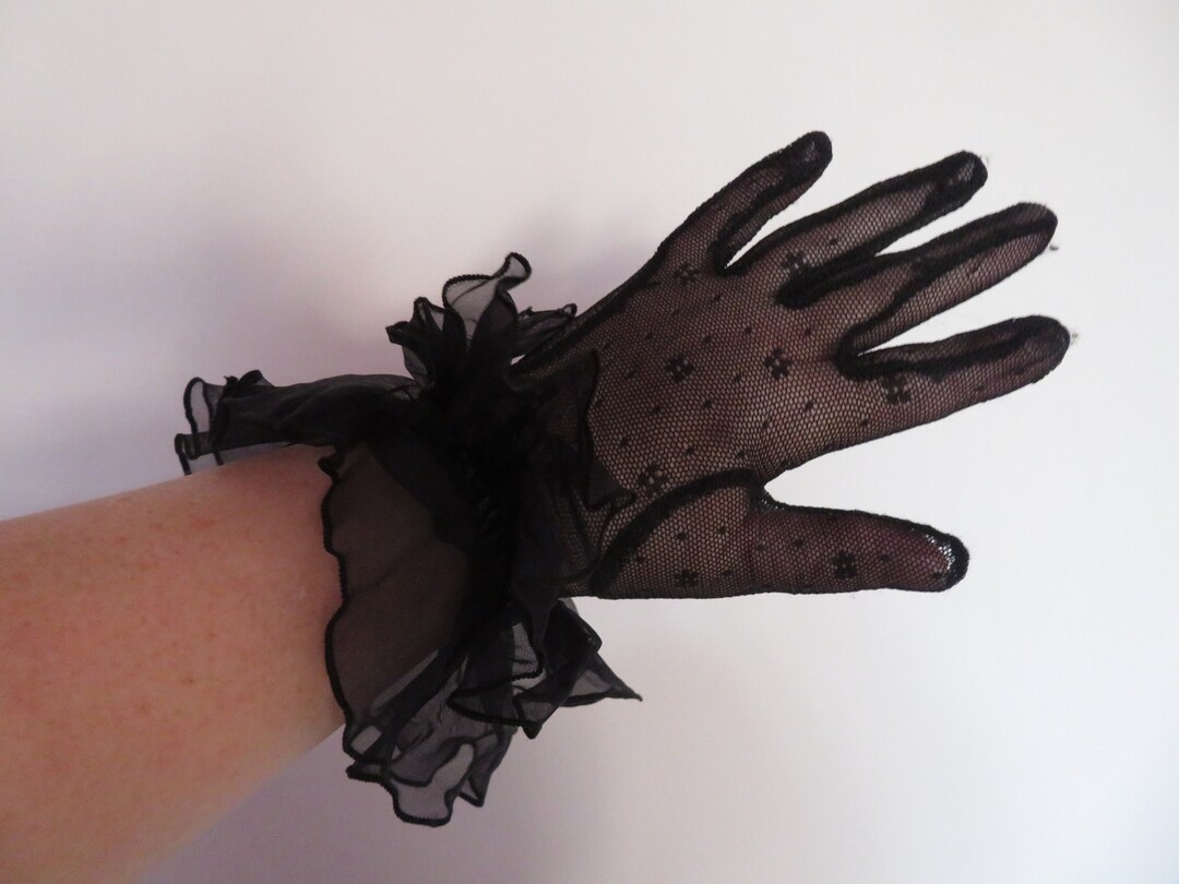 Vintage Black Floral & Dot Lace Wrist Gloves With Chiffon Frill Cuffs ...