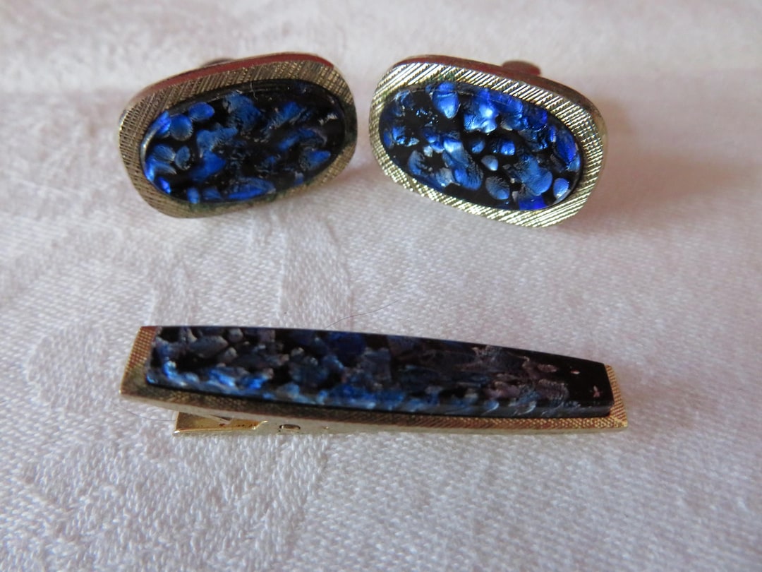 Vintage Stratton Lucite Cufflinks and Tie Bar Set – Gold Tone, Blue ...