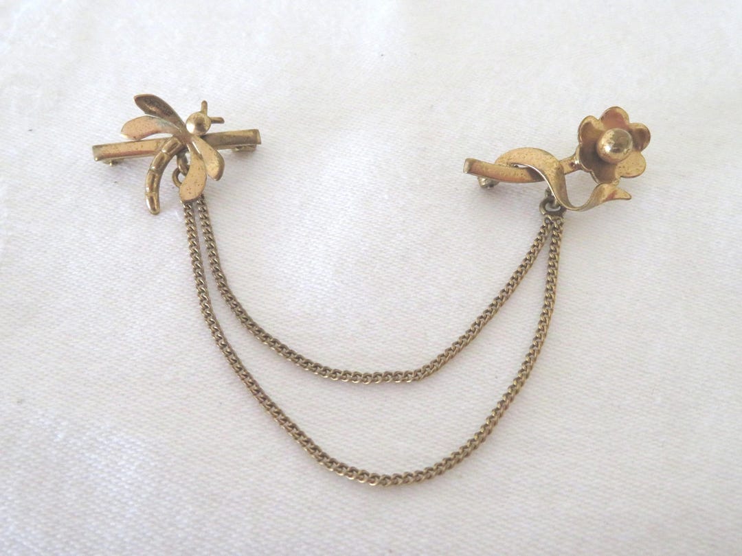 Vintage Gold Tone Flower & Dragonfly/butterfly Duo/chatelaine/collar ...