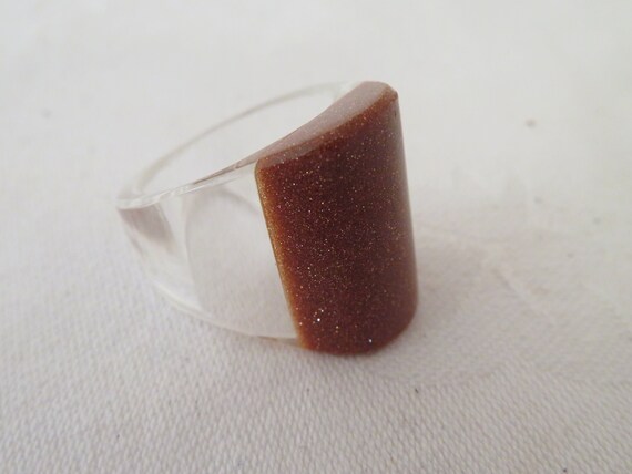 Vintage Clear Lucite Ring with Gold Stone Inset Top -… - Gem