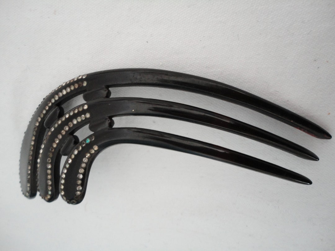 Vintage Black Bakelite/lucite/celluloid & Diamante/rhinestone Hair Comb ...