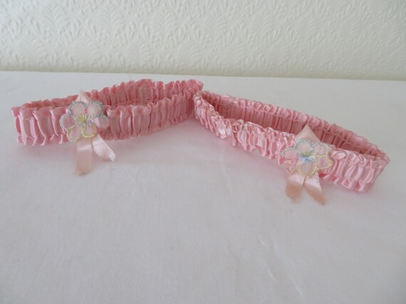 Vintage Authentic 1950's Pink Satin Garters with Flow… - Gem