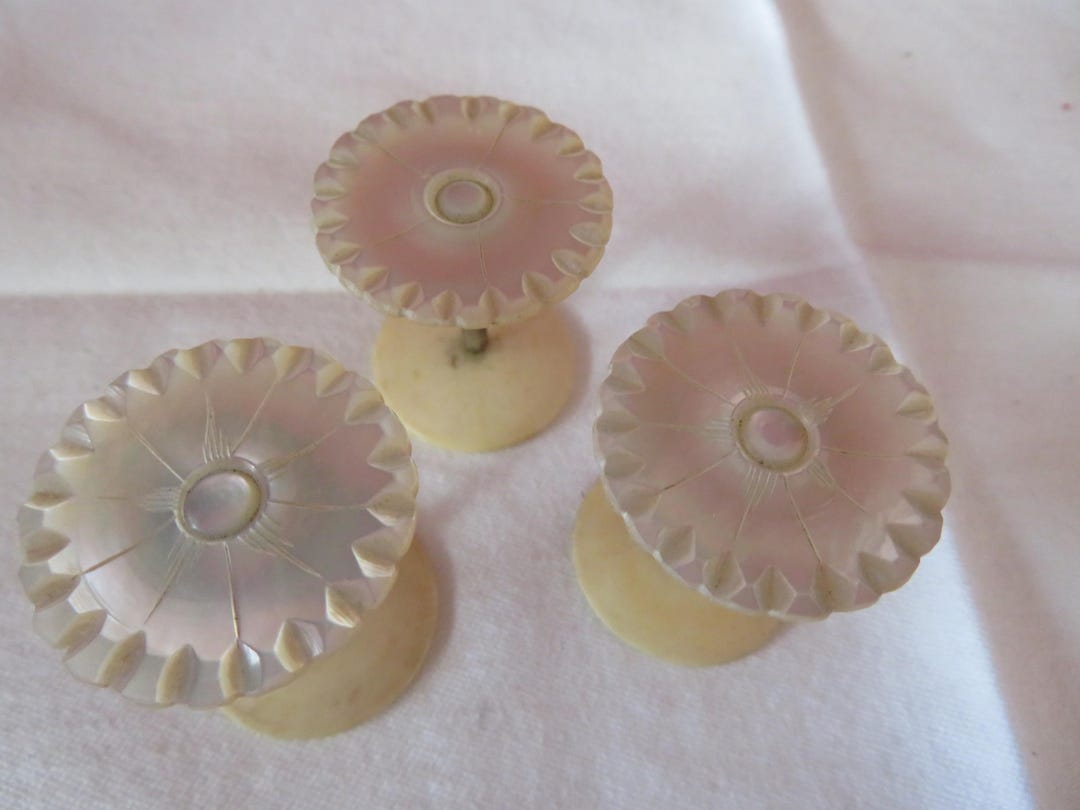 Antique Set of Three Hand Carved Mother of Pearl Flower Topped Thread ...