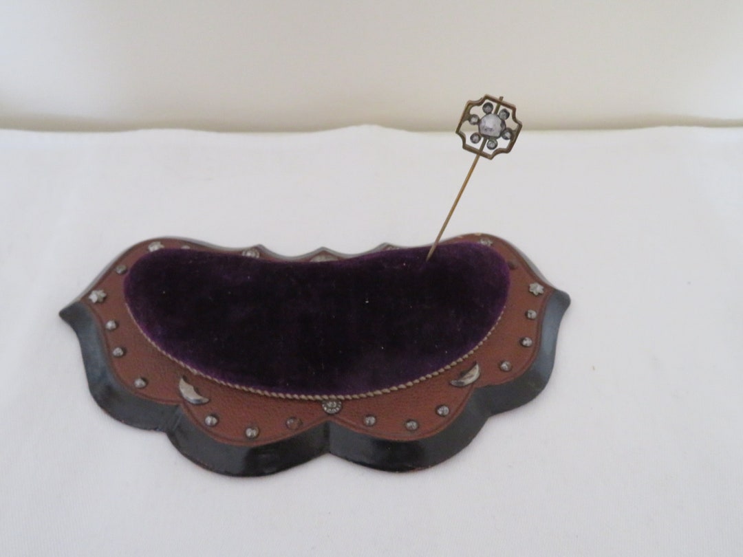 Antique Wood, Leather, Cut Steel & Velvet Hat Pin/stick Pin Cushion ...