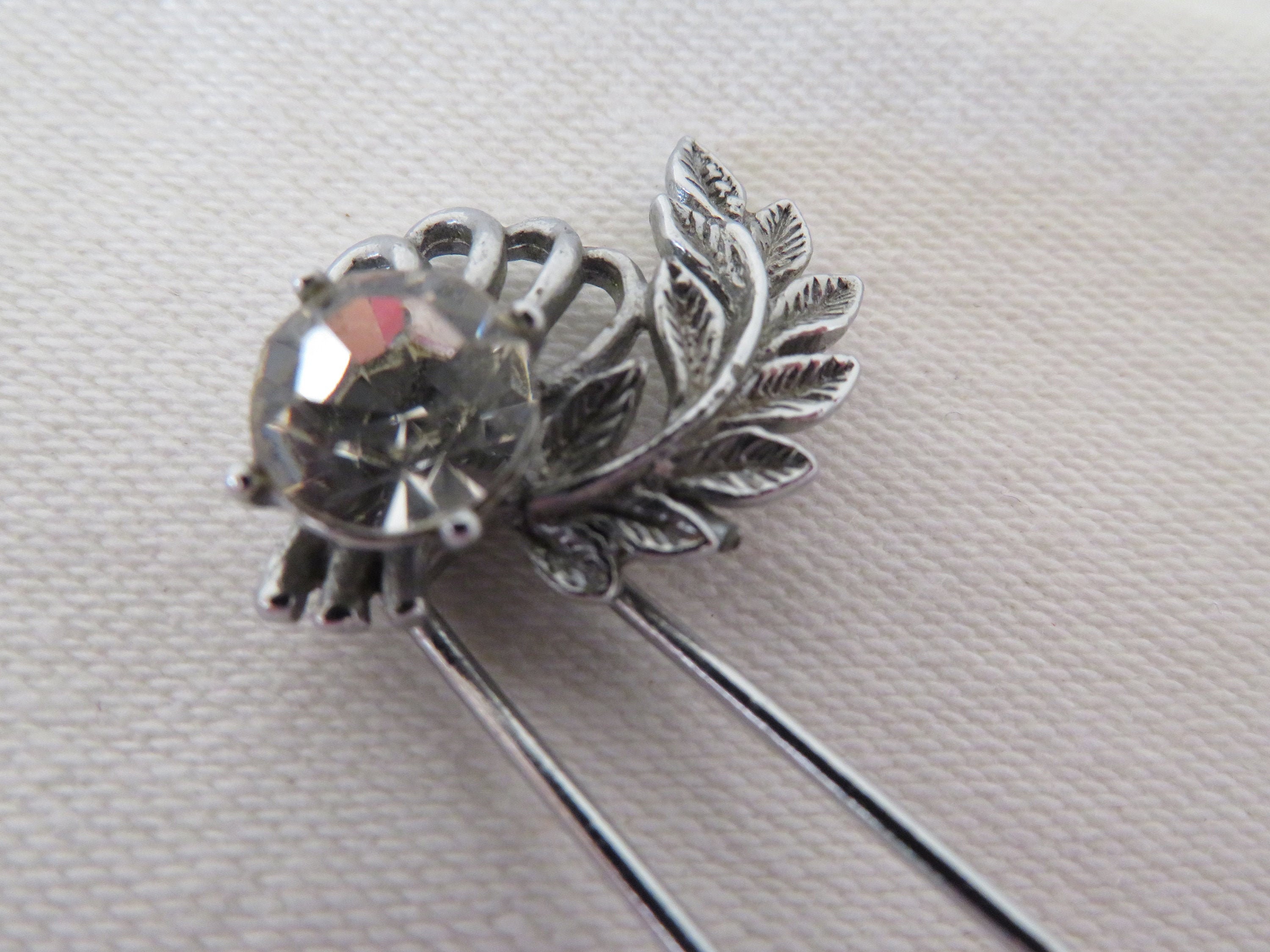Vintage Double Pronged Hair Pin with Chrome Foliage and Flower | Etsy