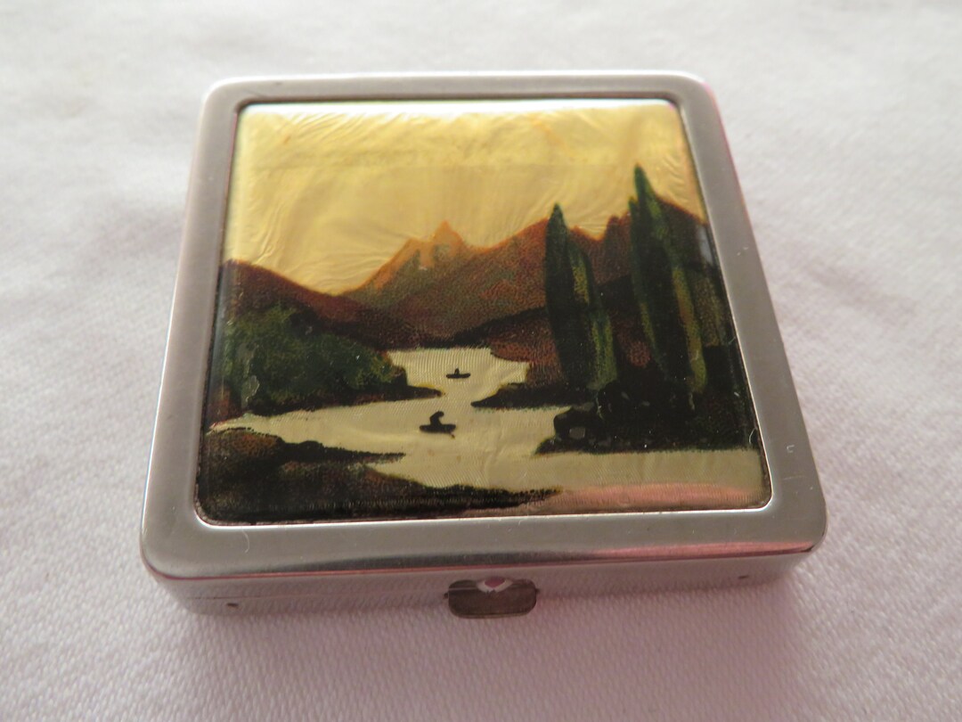 Vintage Silver Tone Square Powder Compact With Foil Landscape Scene ...