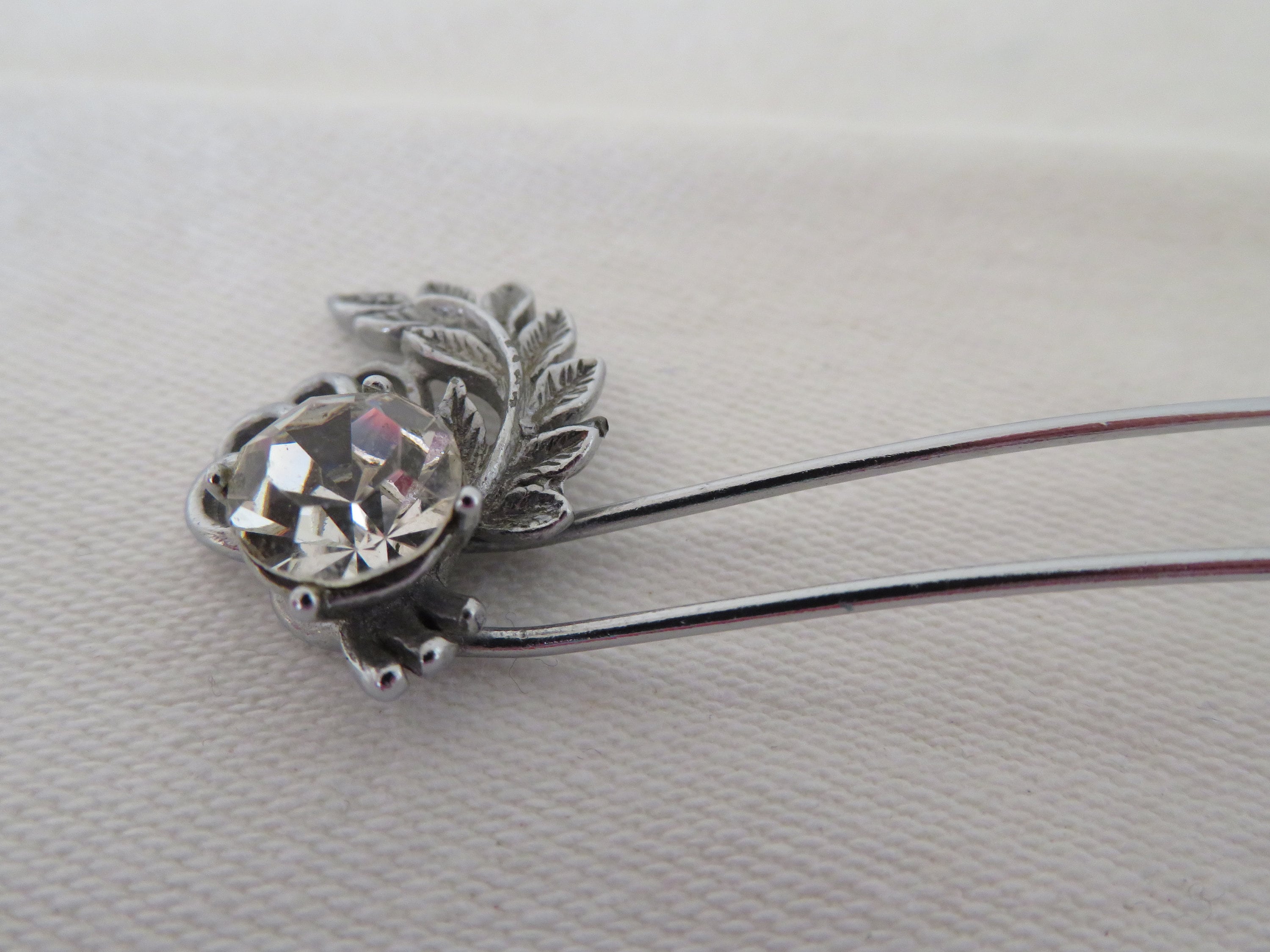 Vintage Double Pronged Hair Pin With Chrome Foliage and Flower | Etsy