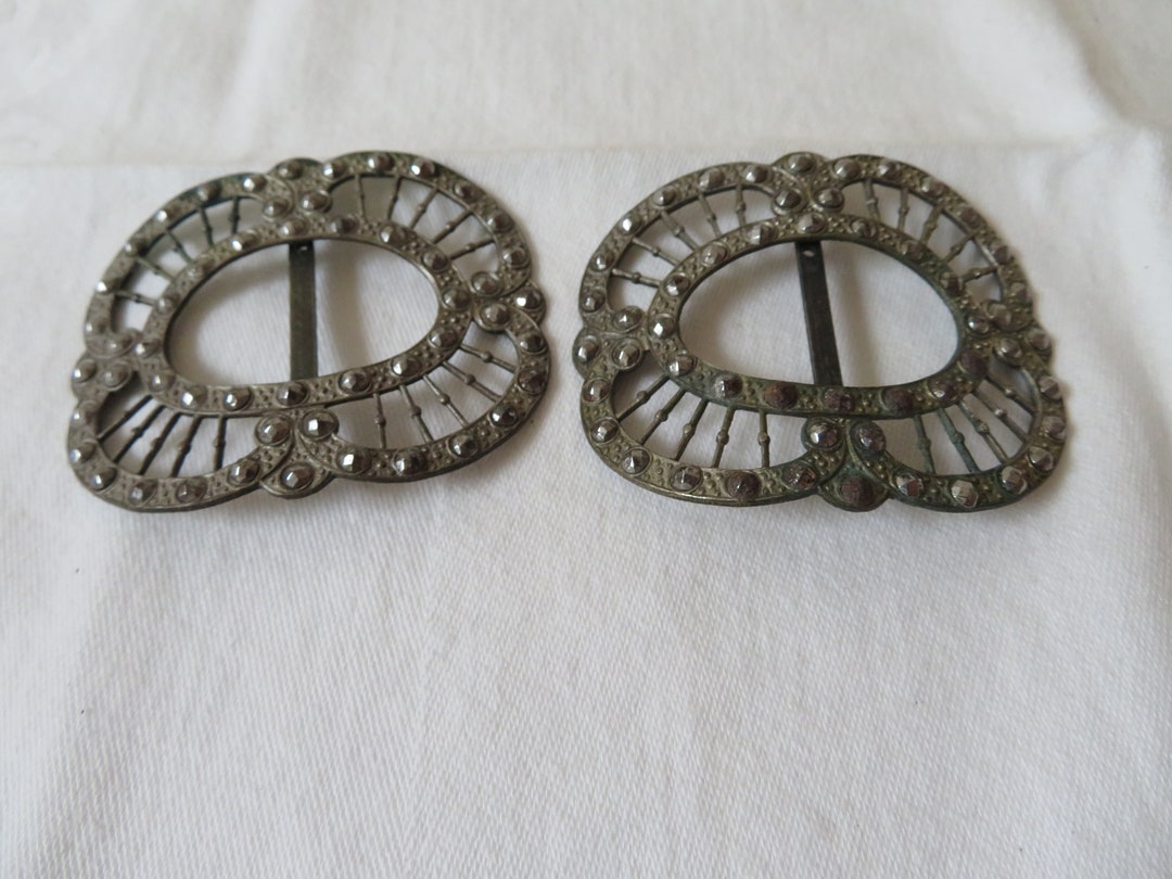 Antique Large Silver Tone Metal & Cut Steel Shoe Buckles - All Original ...
