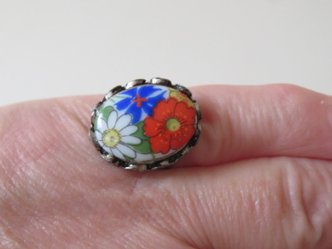 Vintage Floral Porcelain Inset Ring Size UK L, US 6, Eur 53 - Fully ...