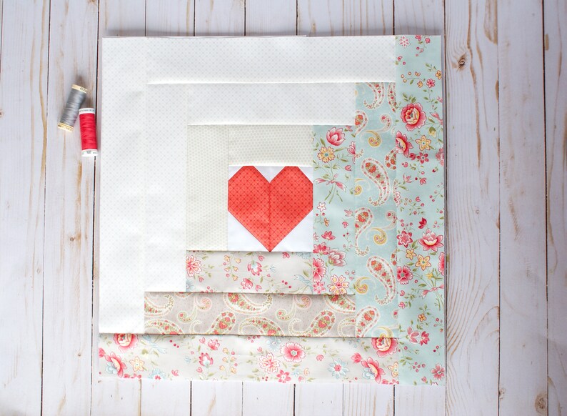 Heart Log Cabin Quilt Block Pattern, PDF, Traditional Pieced, Large ...