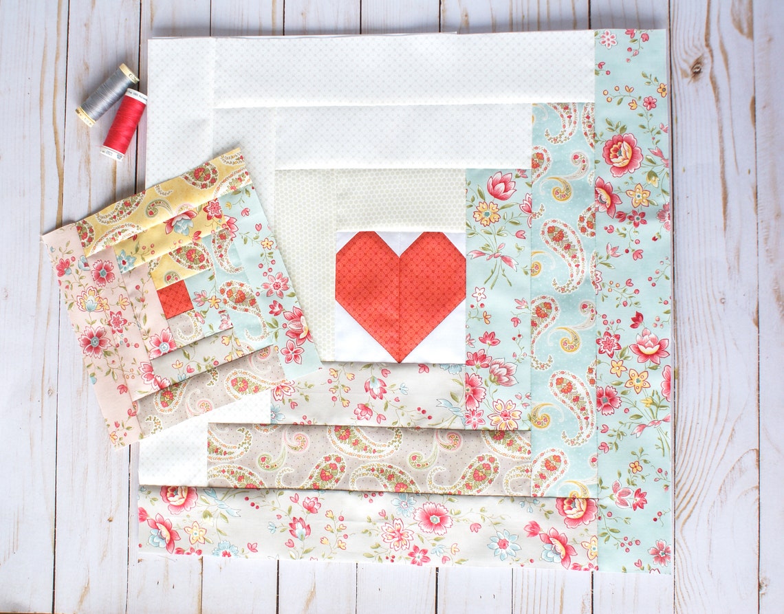 Heart Log Cabin Quilt Block Pattern, PDF, Traditional Pieced, Large ...