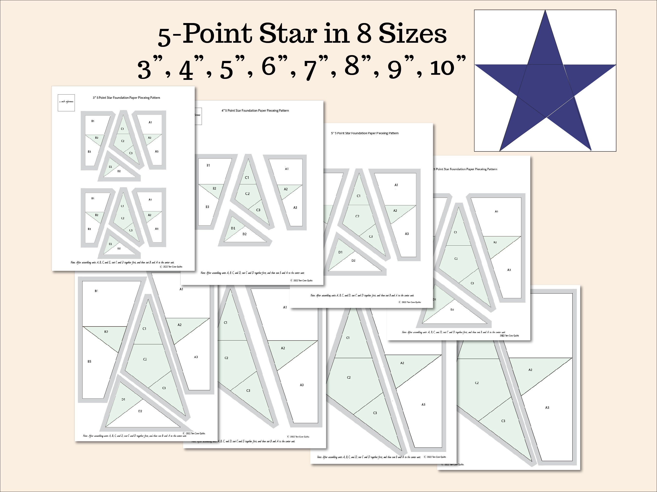 Five Point Star Quilt Template Printable Six Pointed Star PDF FPP