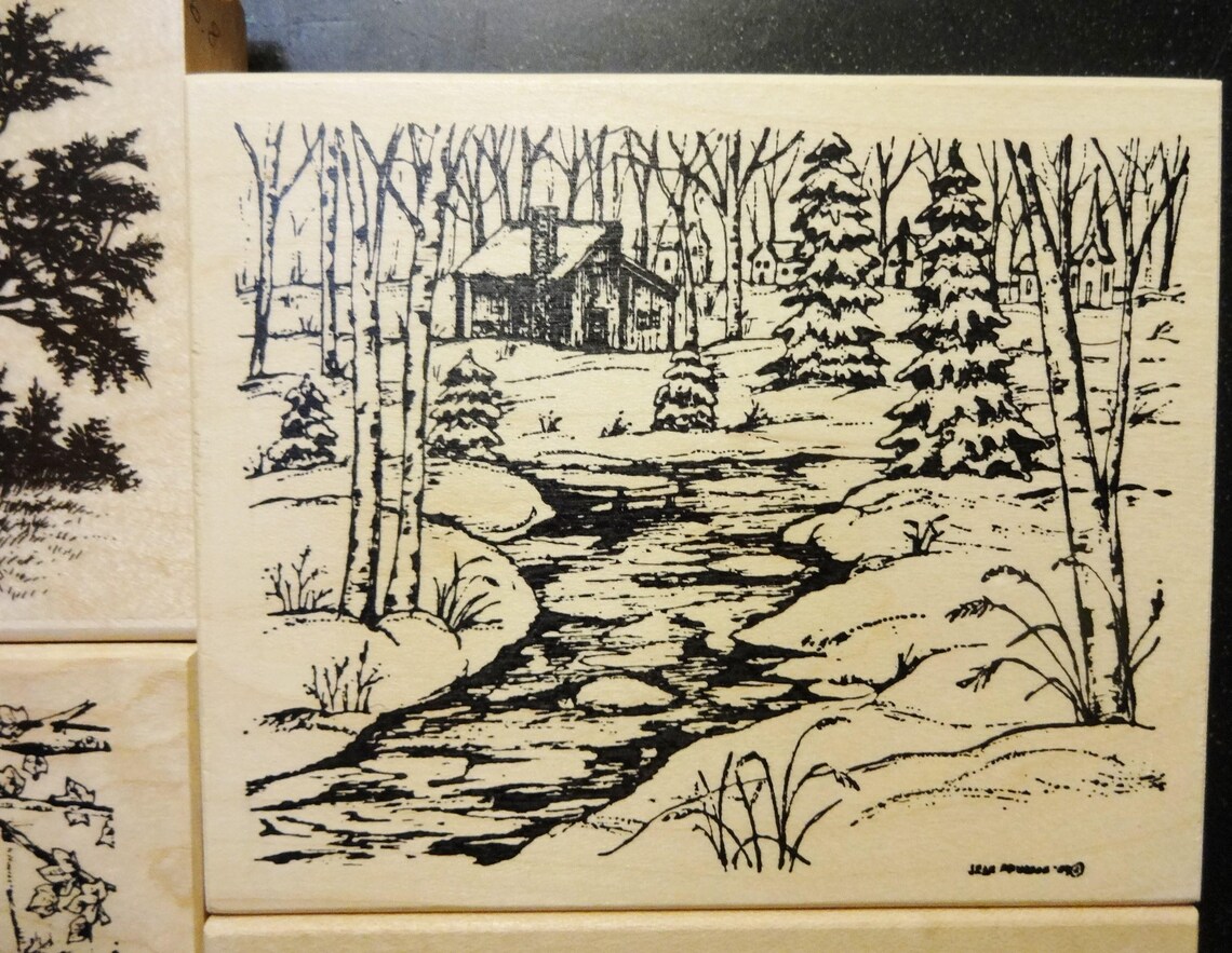 Northwoods Rubber Stamp | Cabin, Stream, Waterfall for Card Making - Etsy