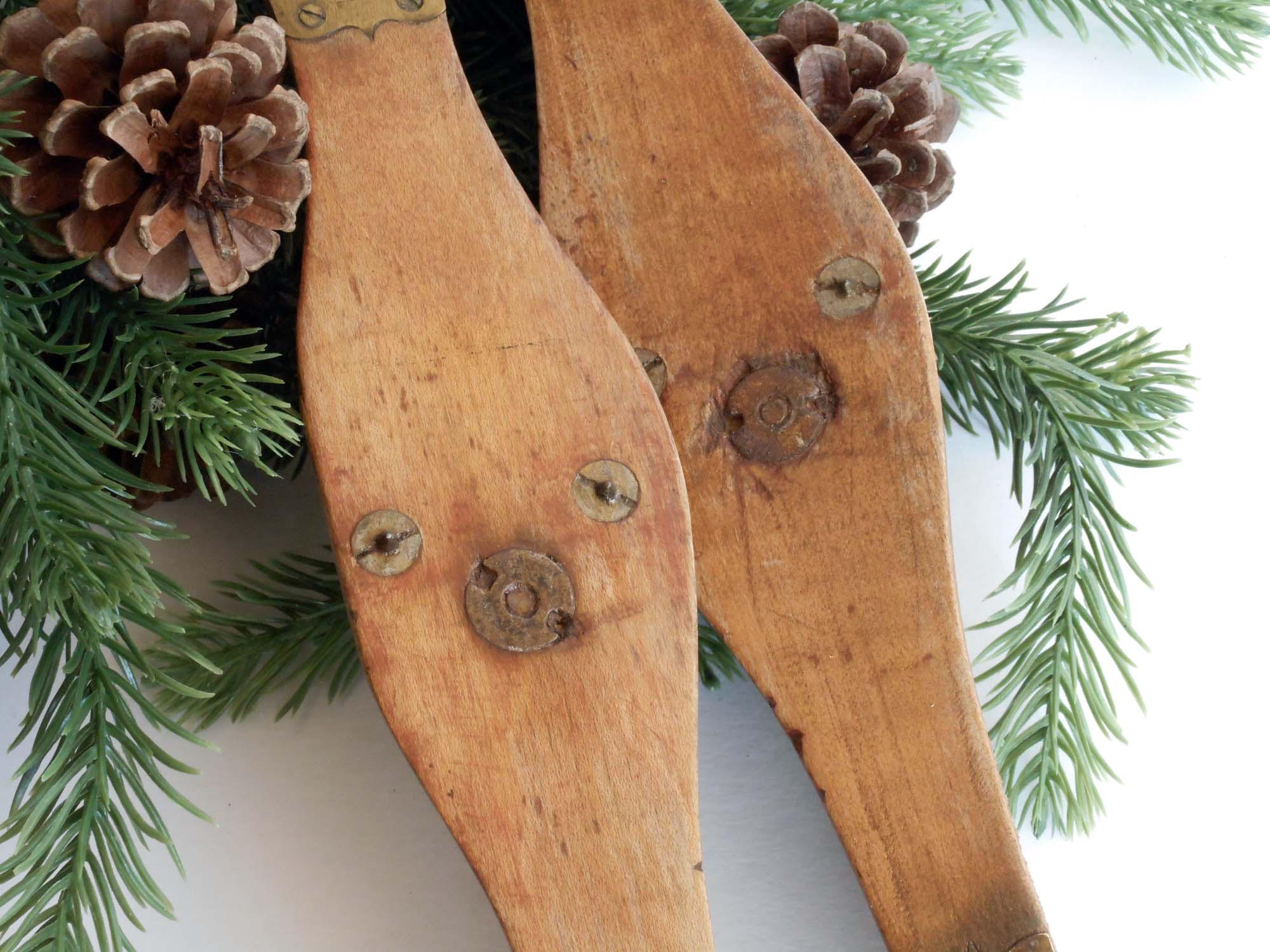 Antique Rustic Wood and Brass Ice Skates / Holiday Sports Decor - Etsy