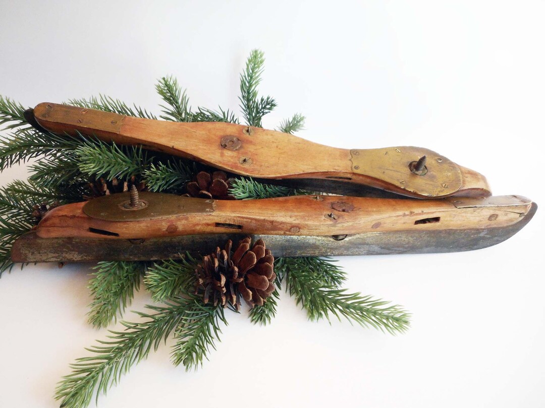 Antique Rustic Wood and Brass Ice Skates / Holiday Sports Decor - Etsy