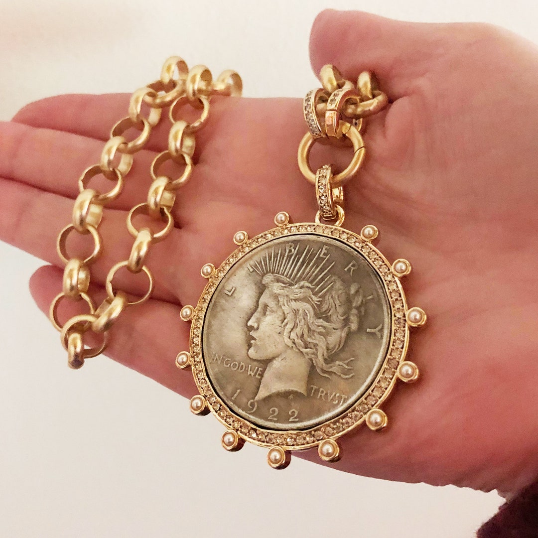 Reproduction Coin Pendant Necklace, Liberty Peace Dollar Coin Pendant ...