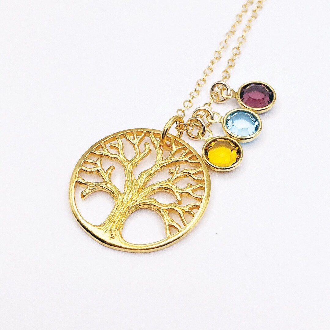 Gold Family Tree Necklace With Birthstone Charms Blended Family ...