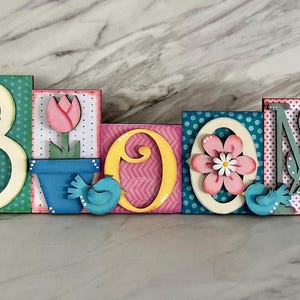 Wooden Spring Word Blocks Bloom ~ Laser Cut Hand Painted Table Decor ...