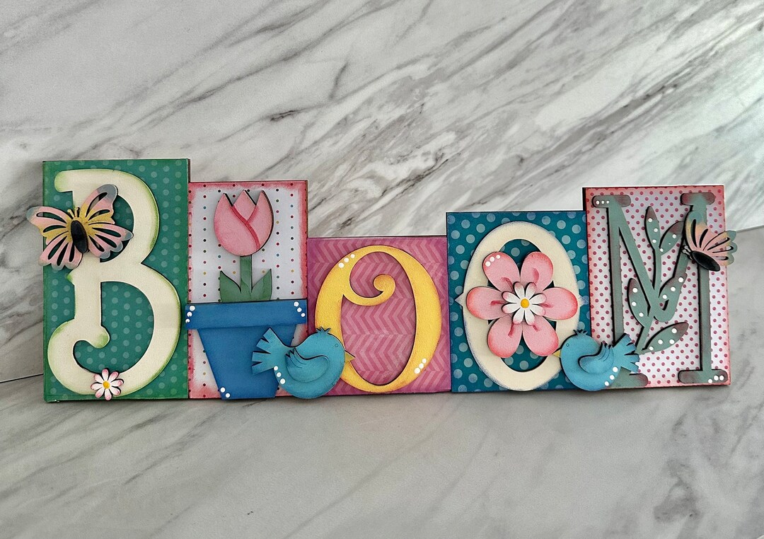 Wooden Spring Word Blocks Bloom ~ Laser Cut Hand Painted Table Decor ...