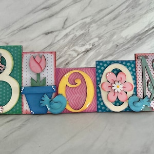 Wooden Spring Word Blocks Bloom ~ Laser Cut Hand Painted Table Decor ...