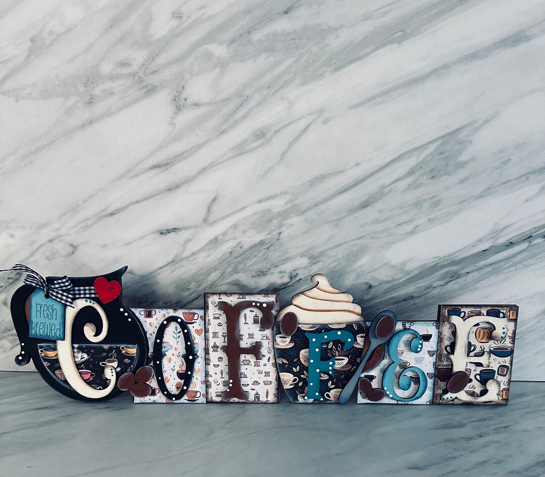 Wooden Coffee Bar Word Blocks ~ Laser Cut Hand Painted Table Decor ...