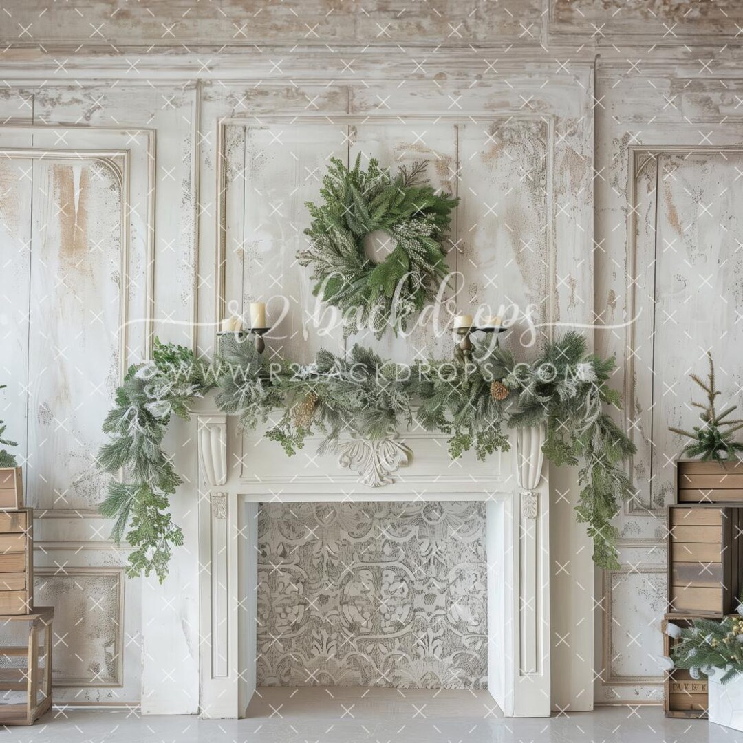 Vintage Mantel - Photography Backdrop - Christmas Background - Printed ...