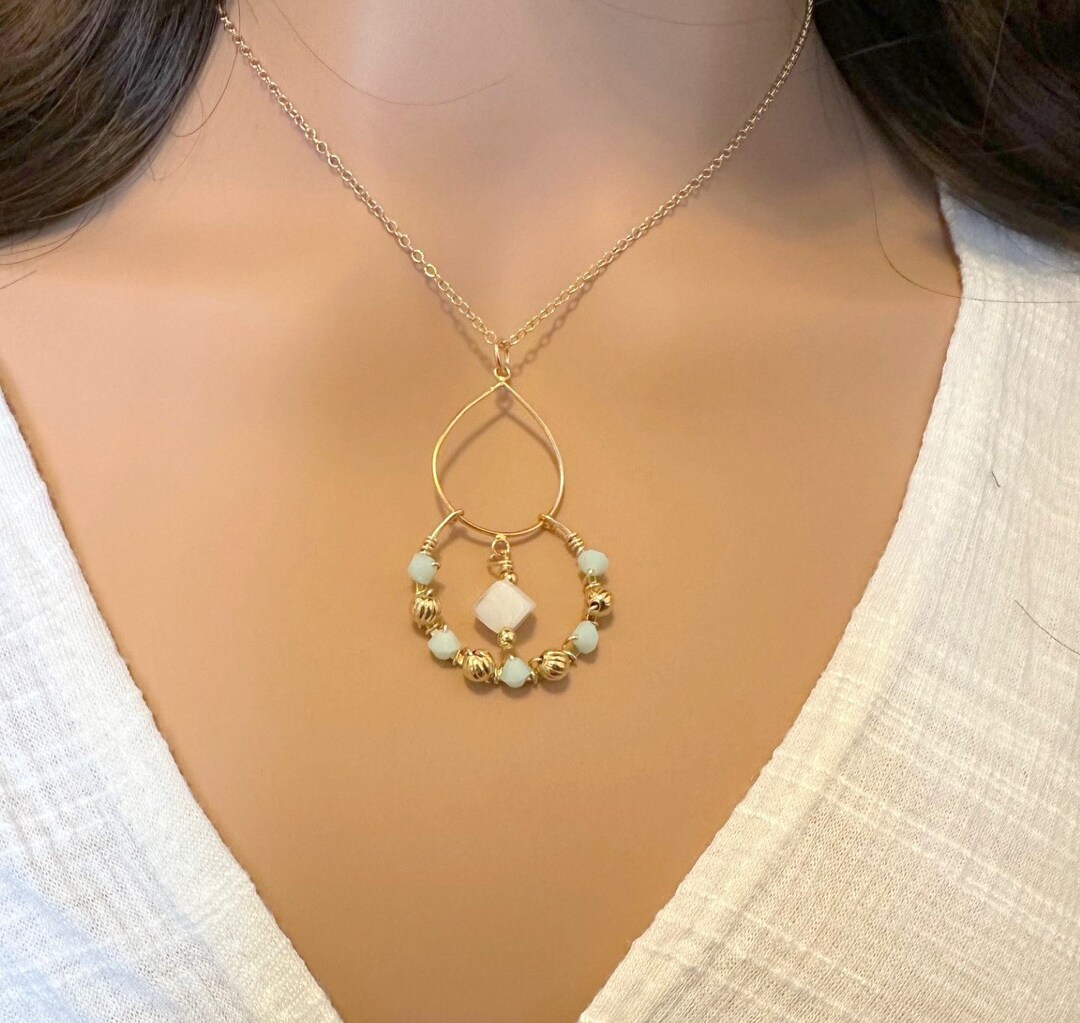 Swarovski Mint & White Alabaster Necklace: 14k Gold Filled, Wire ...