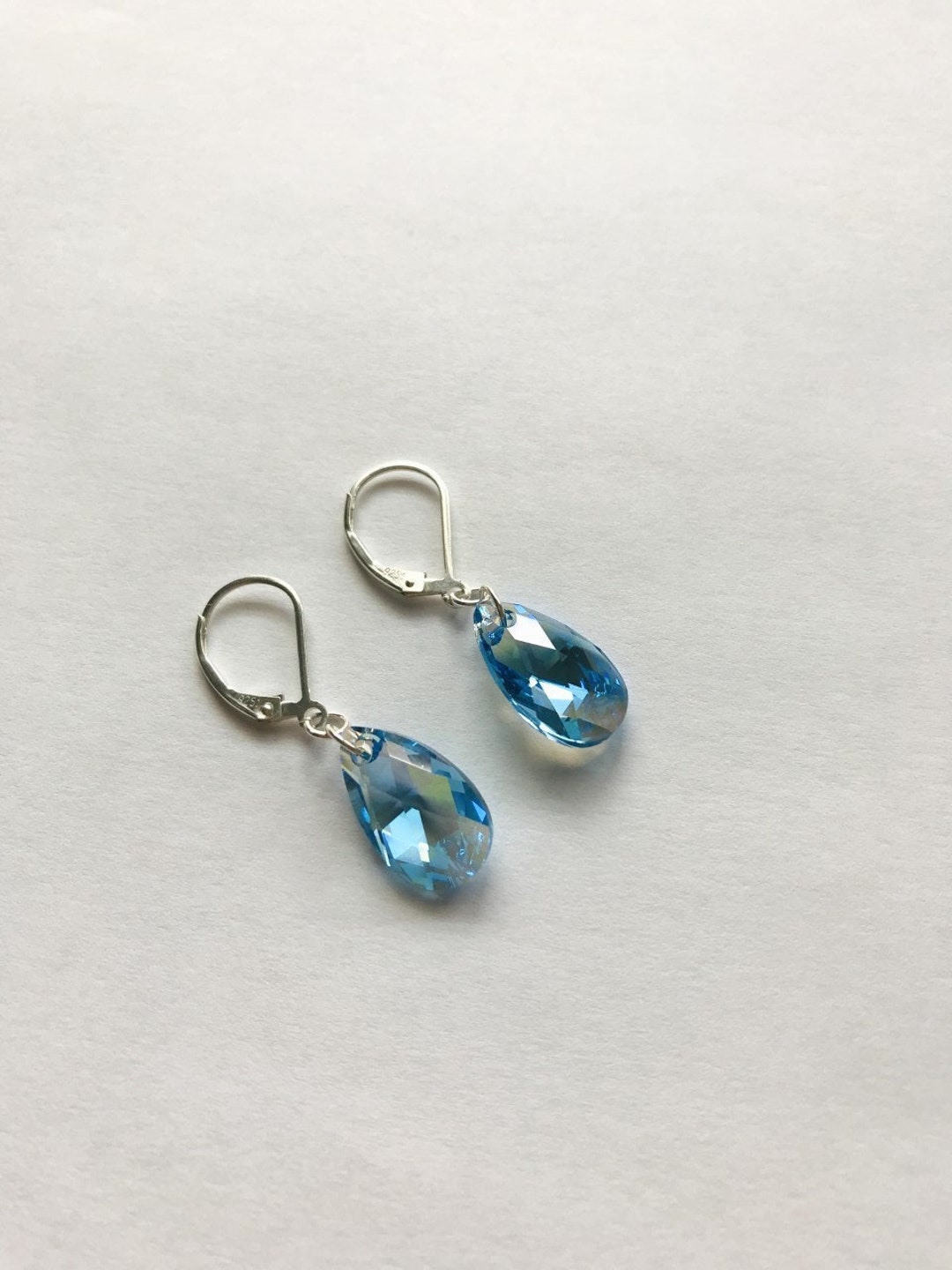 Aqua Shimmer Austrian Pear Shape Crystal Earrings, Sterling Silver ...