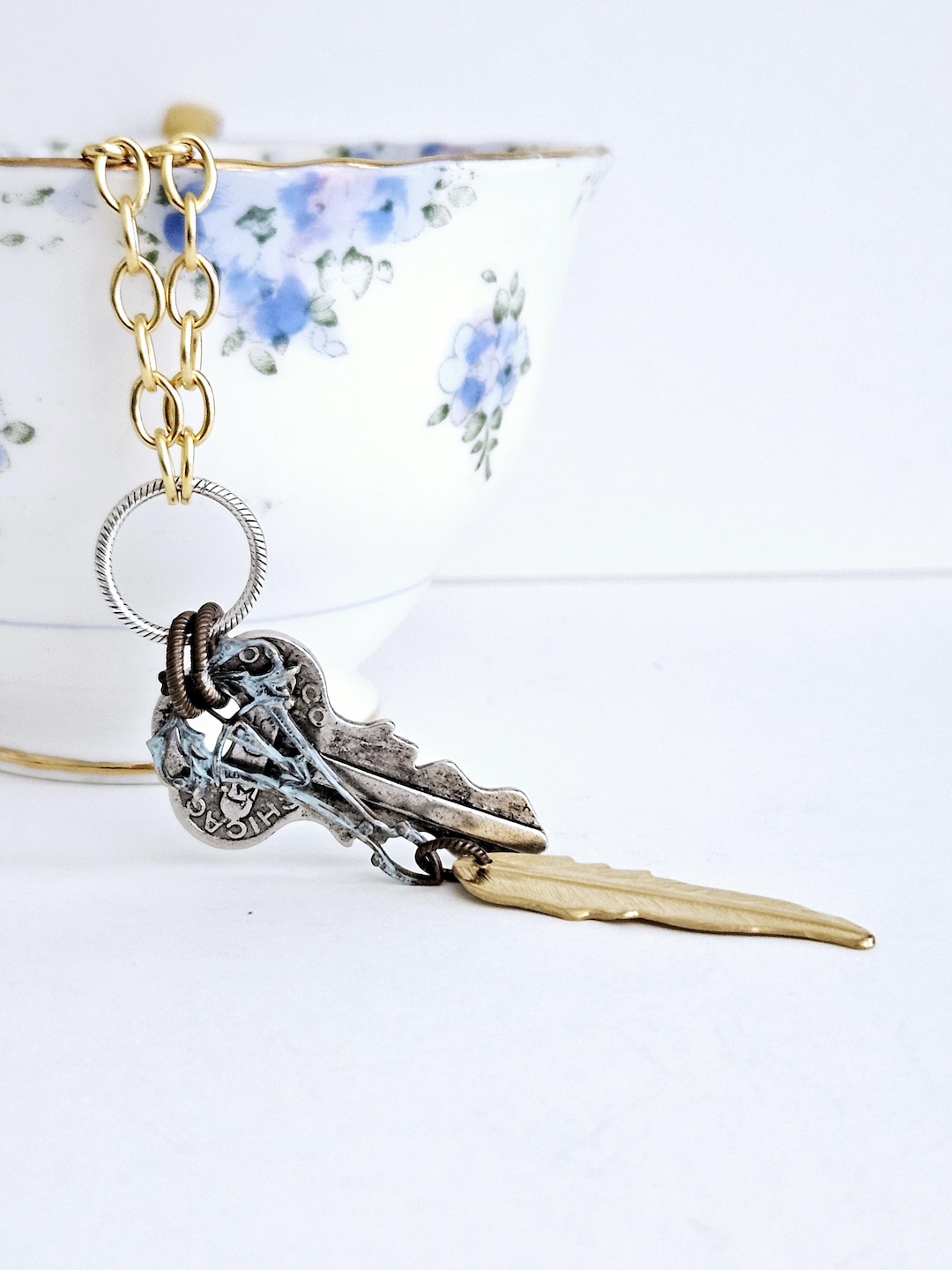 Golden Feather and Filigree Key Necklace Embellished Key Pendant Long ...