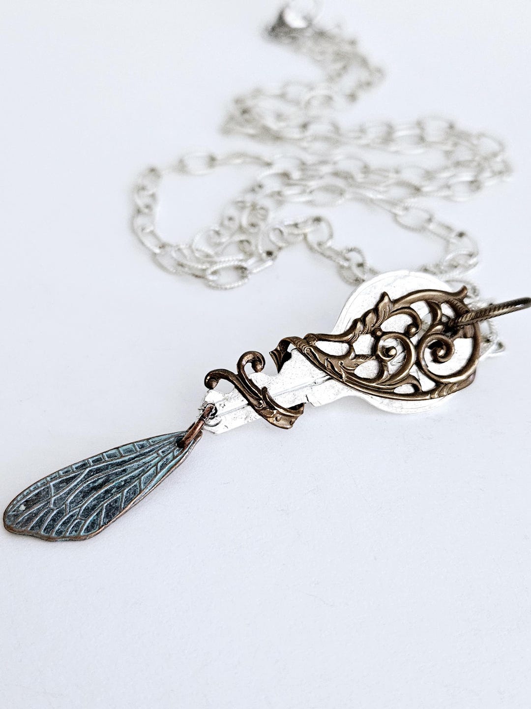 Fairy Wing and Filigree Embellished Key Necklace Filigree Wrapped ...
