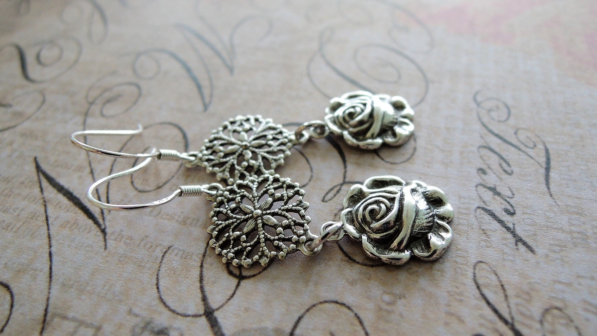 Silver Rose Dangle Earrings Sterling Dangles Small Light | Etsy