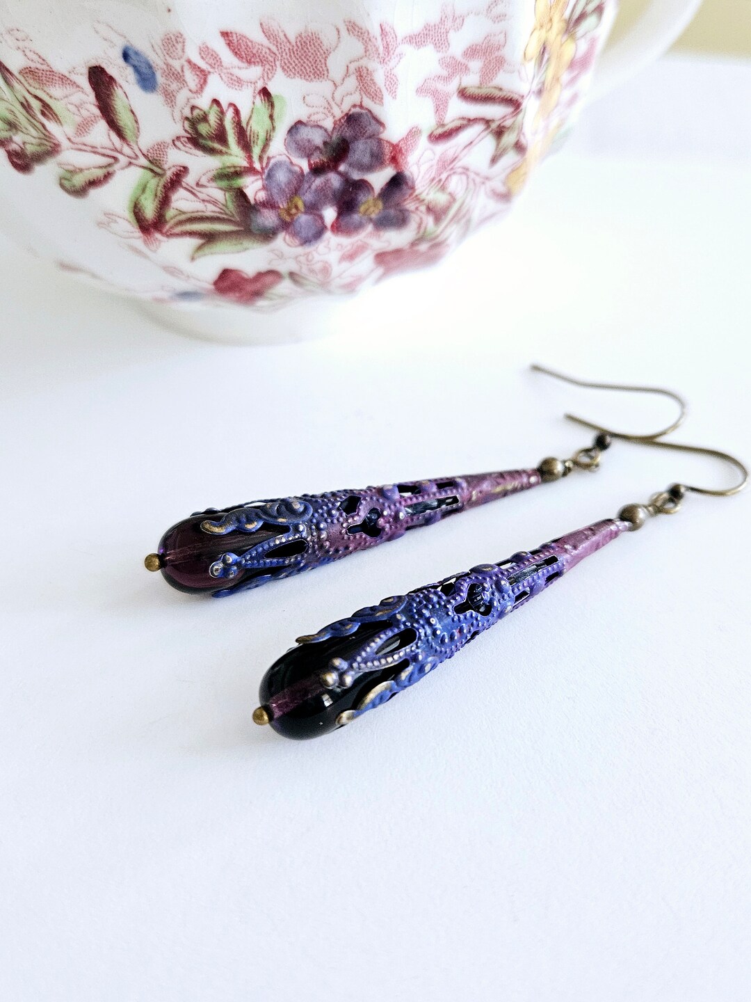 Purple Blue Filigree Drops Hand-painted Brass Boho Style Teardrops ...