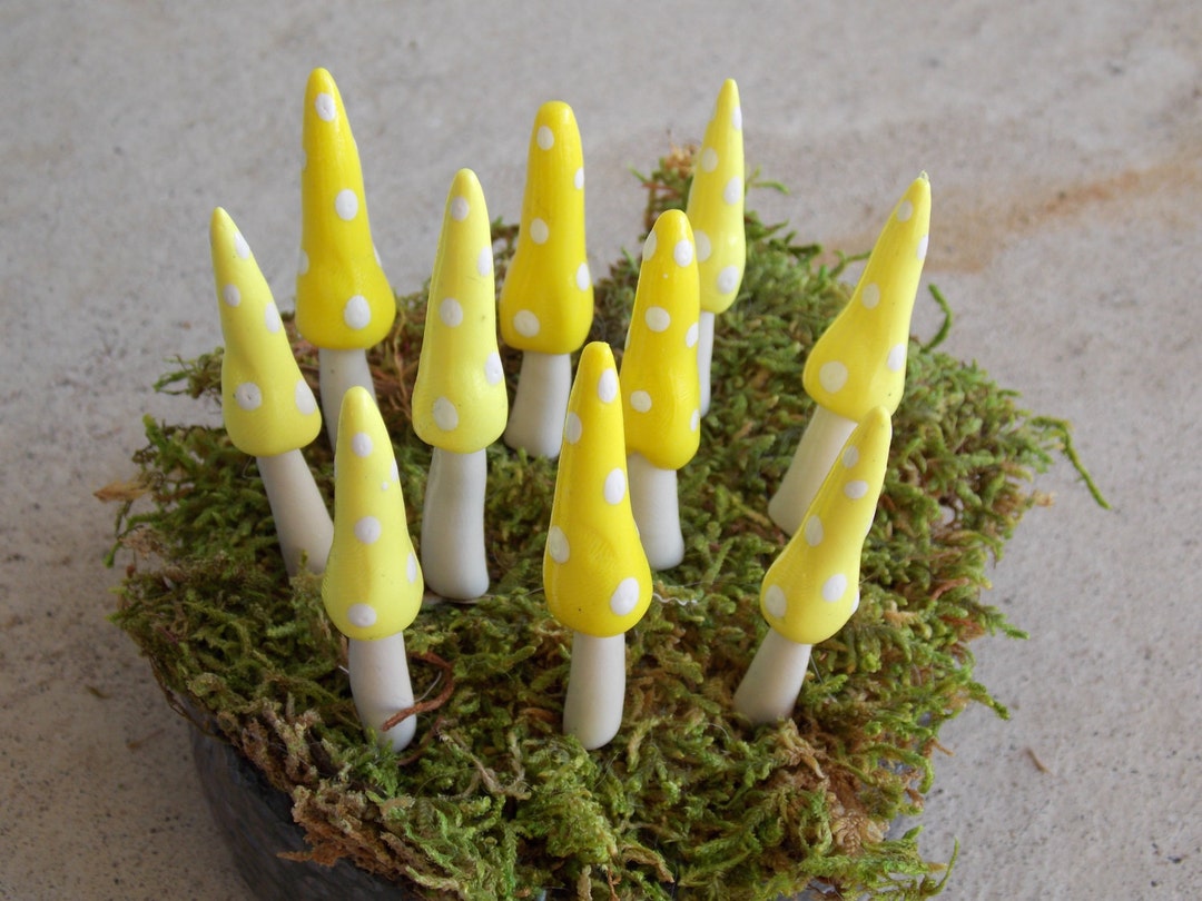 Set of 10 Soft Yellow Gnome Style Fairy Garden Miniature Mushrooms ...