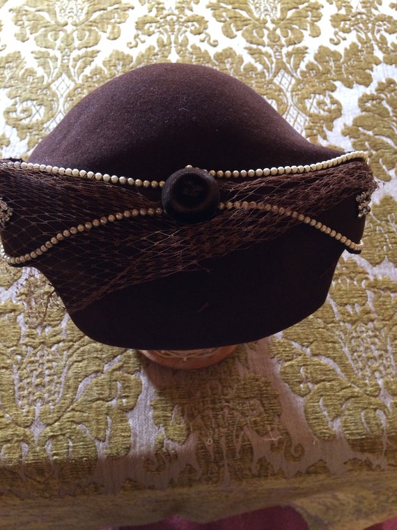 1950s Brown Felt & Satin Calot Hat - Gem