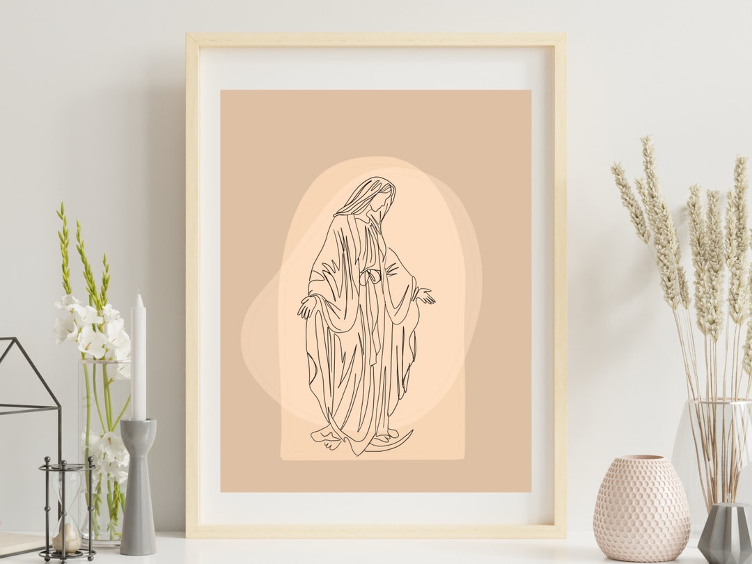 Mary Line Art Sand Tone, Contemporary Catholic Decor, Minimal Wall Art ...