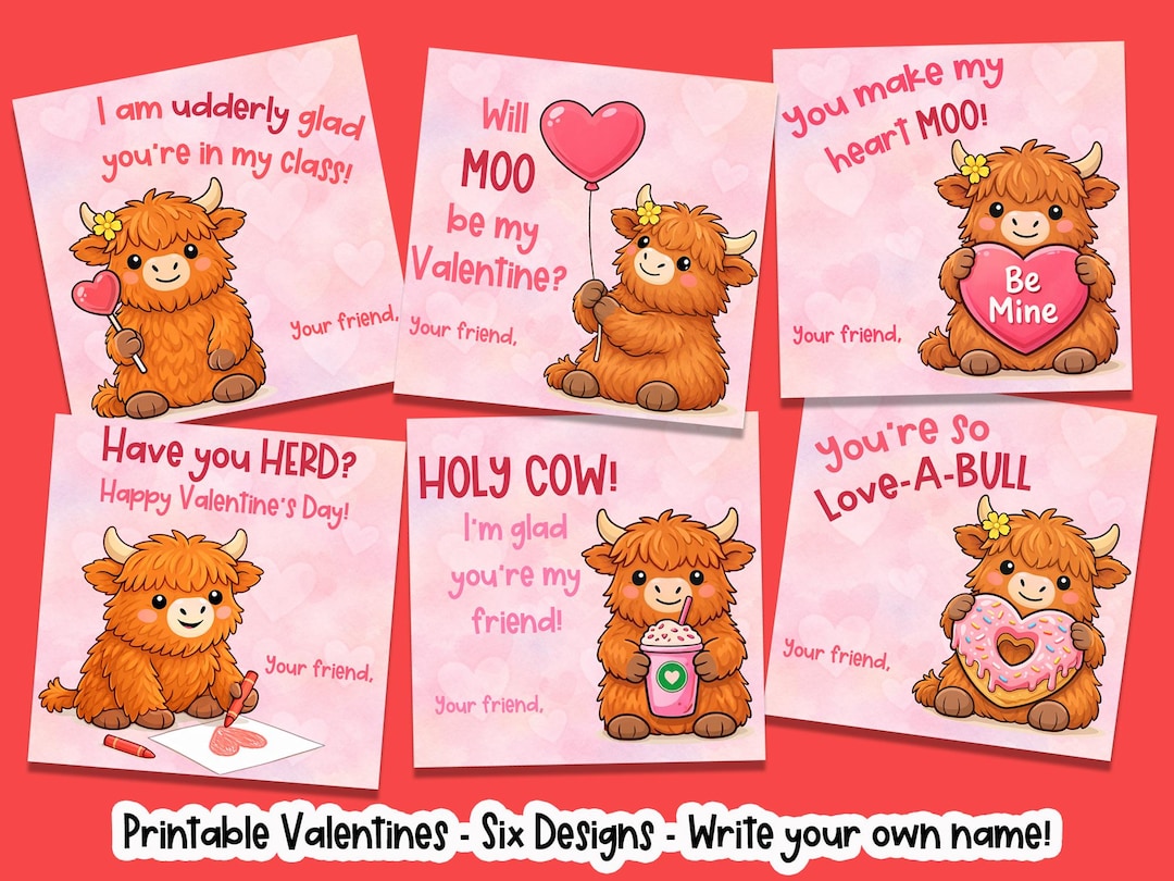 Highland Cow Valentines- Printable Classroom Valentine's Day Cards for ...