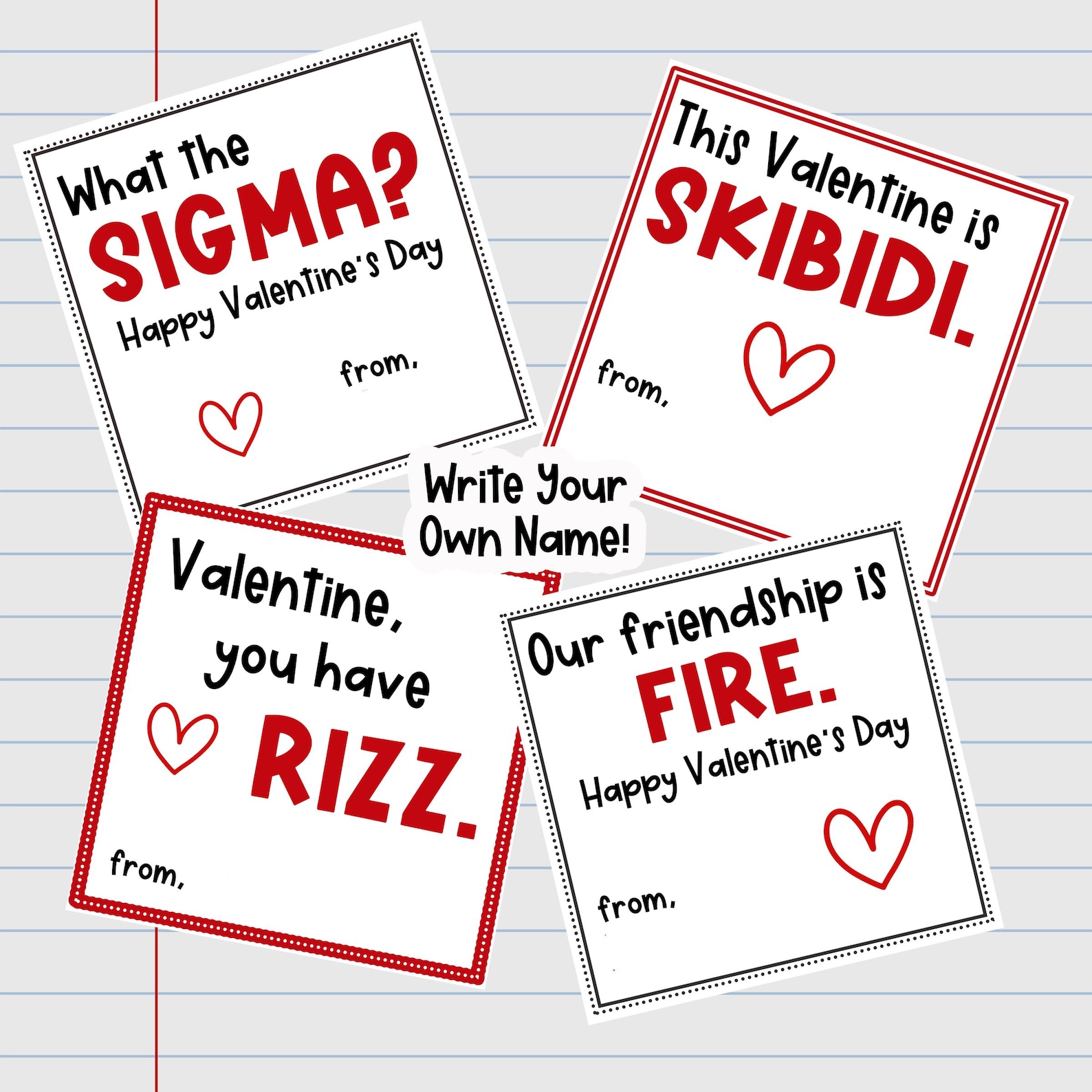 Skibidi Rizz Sigma Fire Printable Valentines: Valentines Day School ...