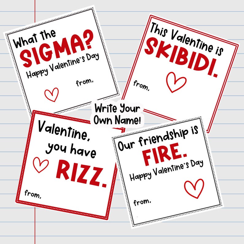 Skibidi Rizz Sigma Fire Printable Valentines: Valentines Day School ...