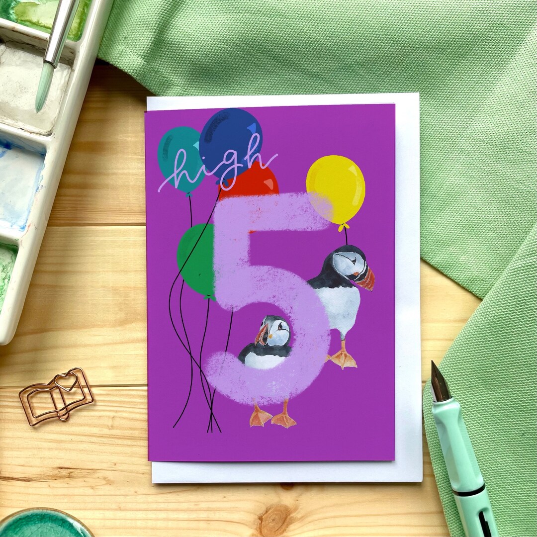 Fifth Birthday Card “high 5” With Puffins, Balloons and Big Number Five ...