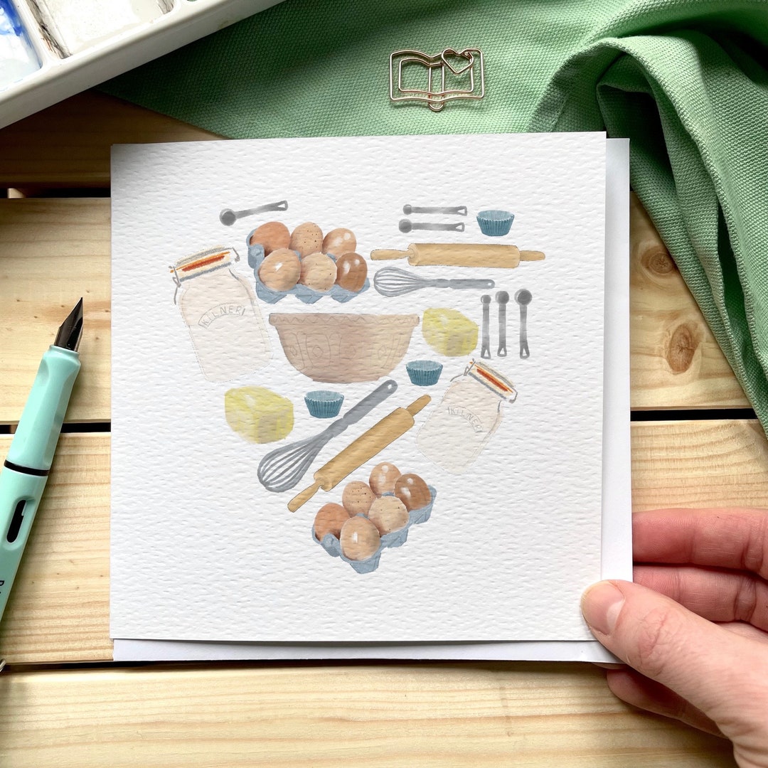 Baking Heart Card, Illustrated Cottagecore Kitchen Art - Etsy