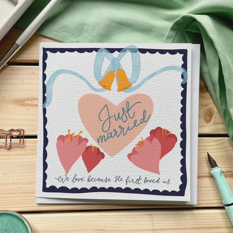Christian Wedding Card - Just Married With Bow and Bells, and Scripture ...