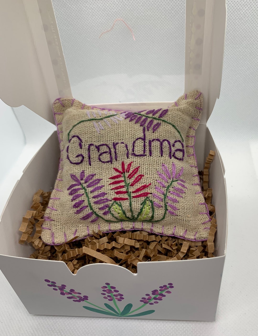 Lavender Vanilla Scented Sachet, Hand Embroidered Grandma and Flowers ...
