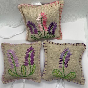 Handmade Set of Three Lavender Sachets With Ribbon Hangers, Embroidered ...