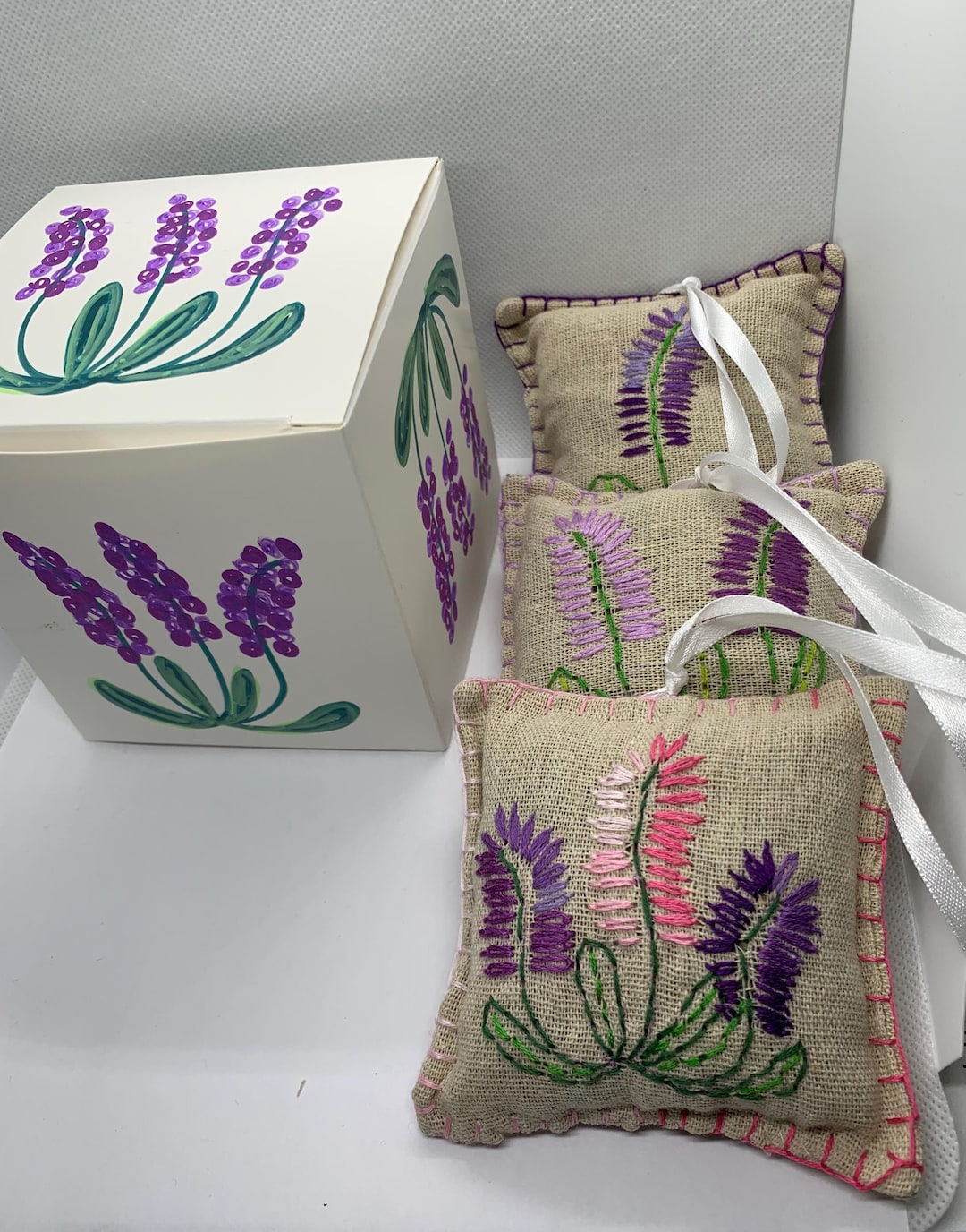 Handmade Set of Three Lavender Sachets With Ribbon Hangers, Embroidered ...