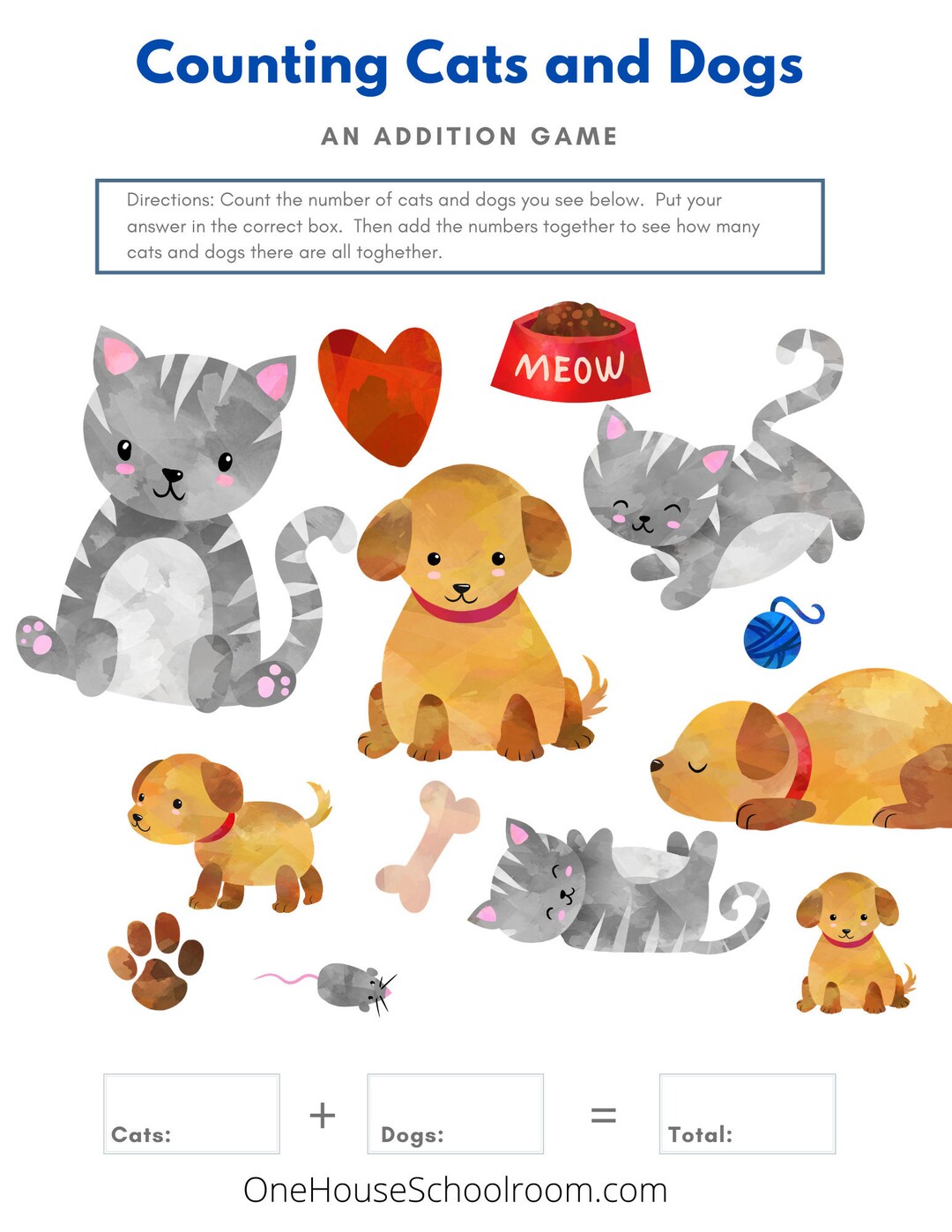 Counting Cats and Dogs Worksheet Set - Etsy