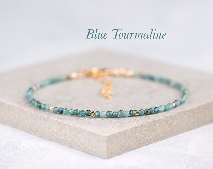 Dainty Blue Tourmaline Gemstone Bracelet, Tiny 2mm Blue Tourmaline ...