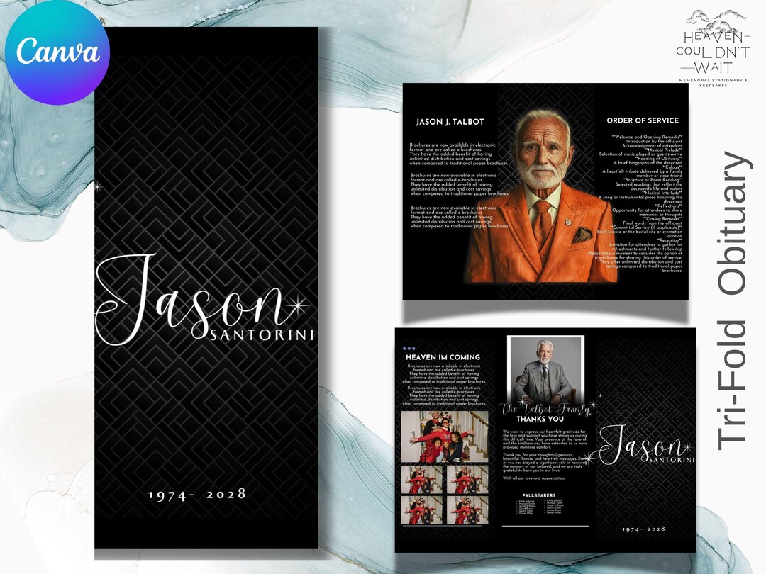 Canva Men Funeral Tri-fold Obituary Program Template: Celebration of ...