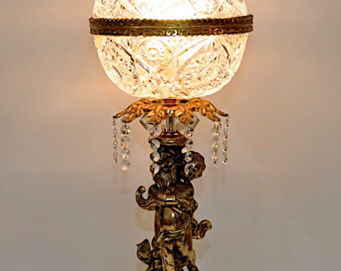 STUNNING Vintage Brass Cherub Lamp With Glass Crystal Shade and Marble ... STUNNING Vintage Brass Cherub Lamp With Glass Crystal Shade and Marble ...