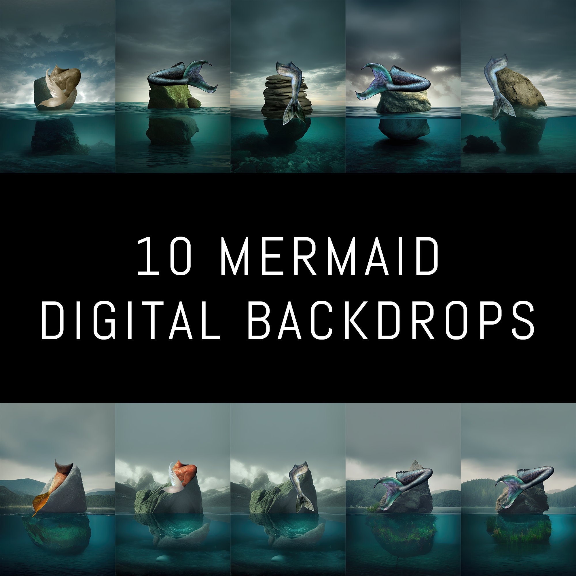 10 Mermaid Digital Backdrop Mermaid Rock in Ocean Rock in - Etsy